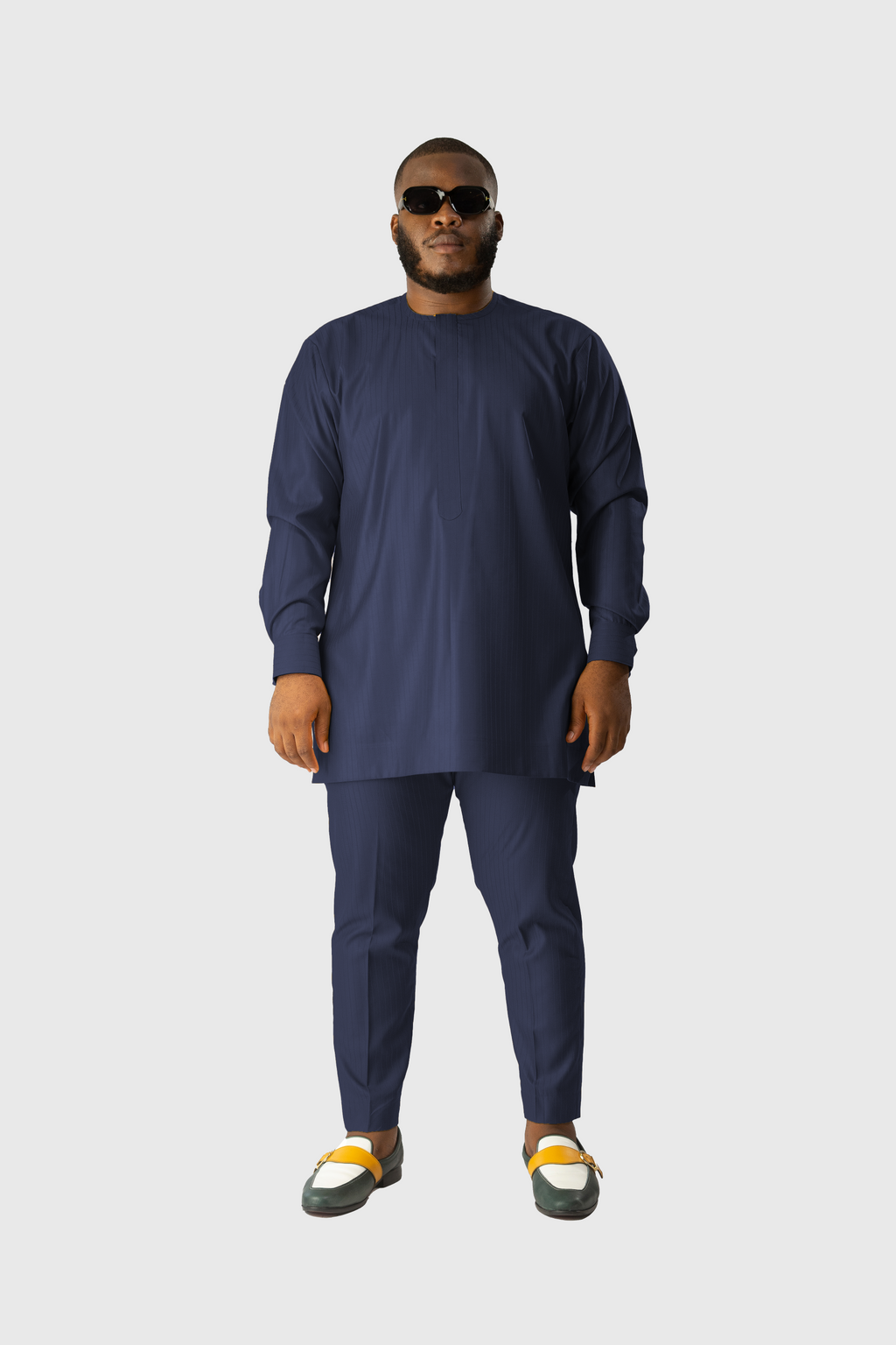 Standard Length Long Sleeve Wool Matching Set in Double Navy Pinstripe ...