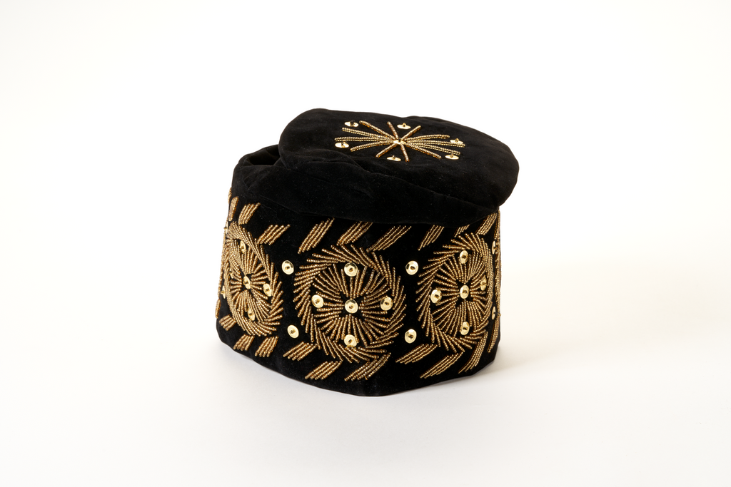 Traditional Velvet Gobi Fila Hat in Black with Gold Embroidery – AJADI
