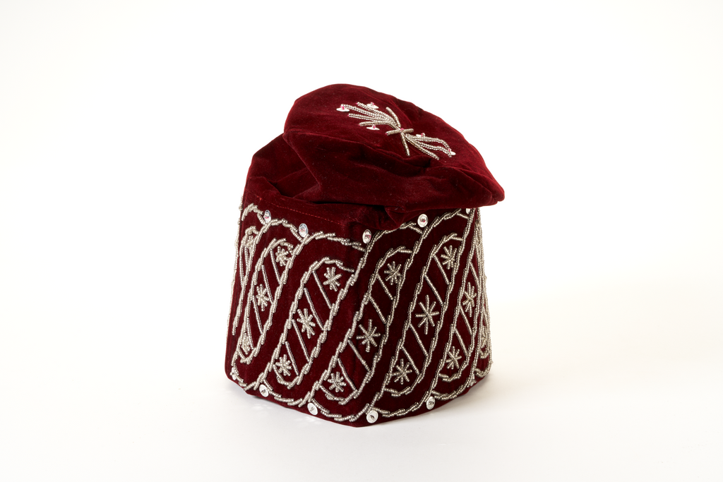 Traditional Velvet Gobi Fila Hat in Red with Silver Embroidery – AJADI